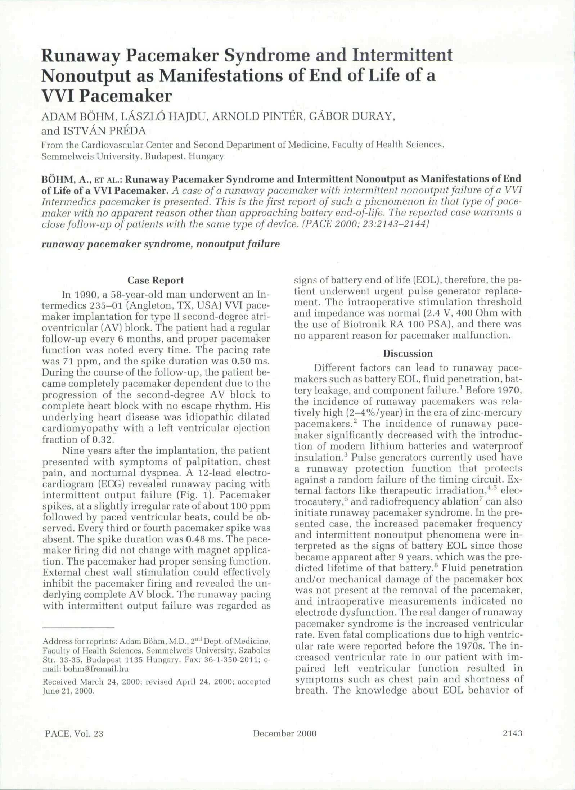 (PDF) Runaway Pacemaker Syndrome and Intermittent Nonoutput as ...
