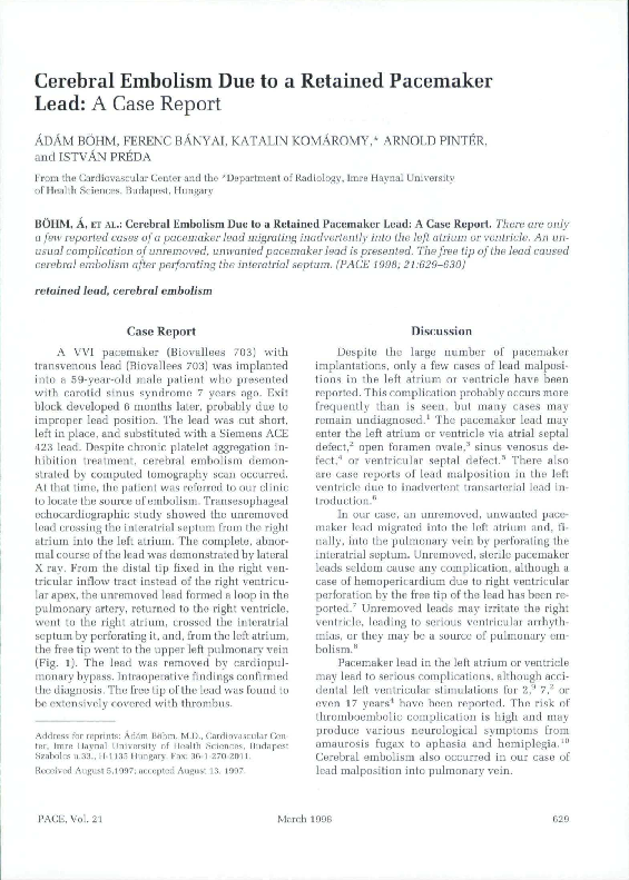 (PDF) Cerebral Embolism Due to a Retained Pacemaker Lead: A Case Report