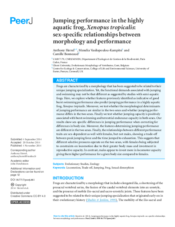 (PDF) Jumping performance in the highly aquatic frog, Xenopus ...