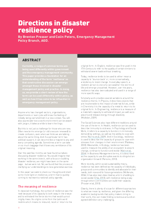 (PDF) Directions in disaster resilience policy