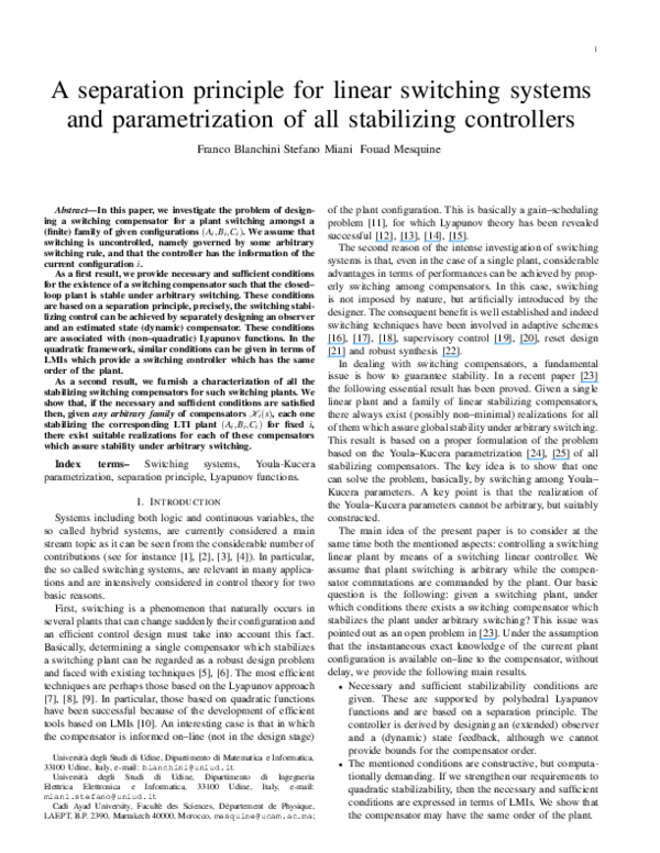 (PDF) A Separation Principle for Linear Switching Systems and Parametrization of All Stabilizing ...