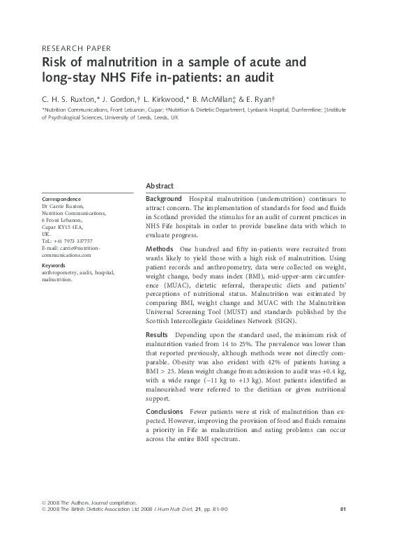 (PDF) Risk of malnutrition in a sample of acute and long-stay NHS Fife ...