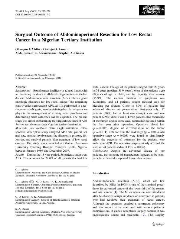 (PDF) Surgical Outcome of Abdominoperineal Resection for Low Rectal Cancer in a Nigerian ...