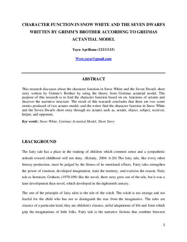 CHARACTER FUNCTION IN SNOW WHITE AND THE SEVEN DWARFS WRITTEN BY GRIMM ...