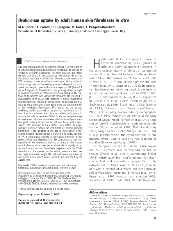(PDF) Hyaluronan uptake by adult human skin fibroblasts in vitro