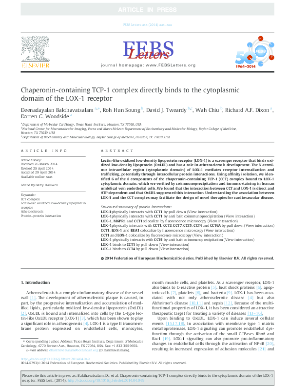 (PDF) Chaperonin-containing TCP-1 complex directly binds to the ...