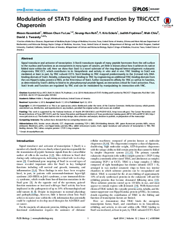 (PDF) Modulation of STAT3 Folding and Function by TRiC/CCT Chaperonin