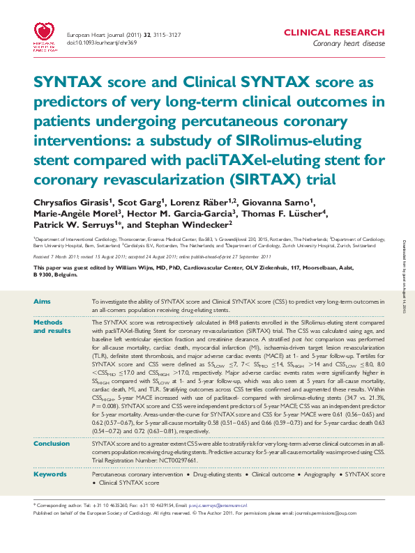 (PDF) SYNTAX score and Clinical SYNTAX score as predictors of very long ...