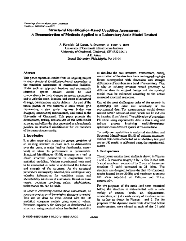 Pdf Structural Identification Based Condition Assessment A Demonstration Of Methods Applied