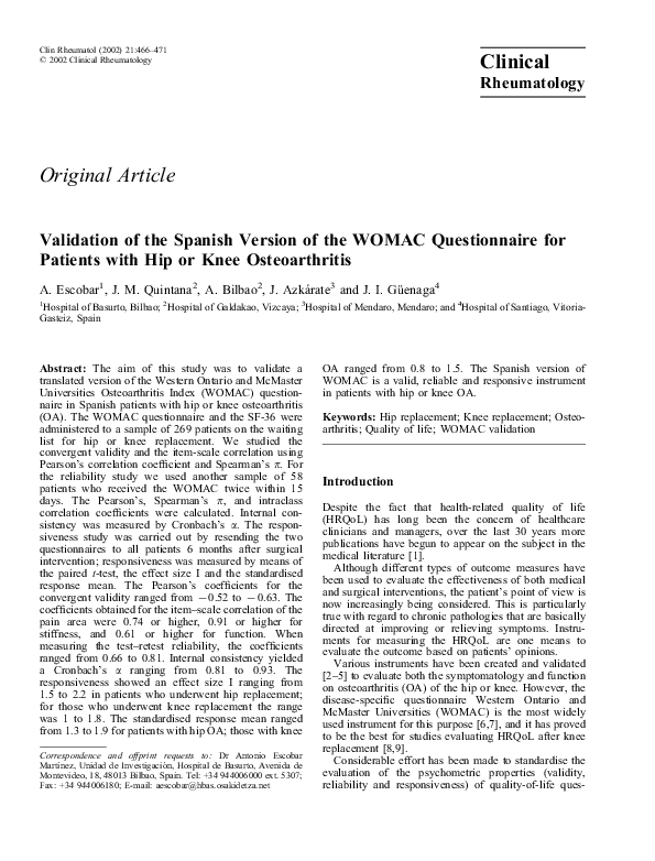 (PDF) Validation of the Spanish Version of the WOMAC Questionnaire for ...
