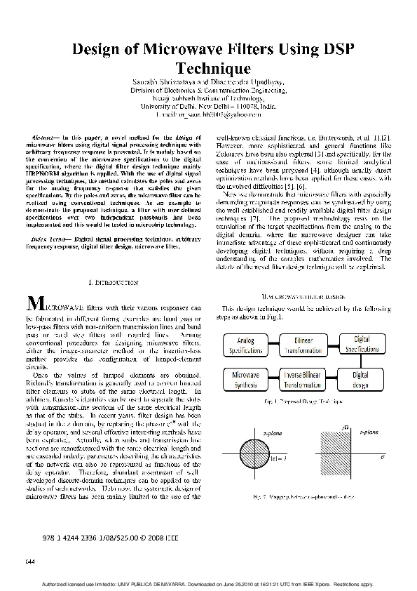 (PDF) Design of Microwave Filters Using DSP Technique