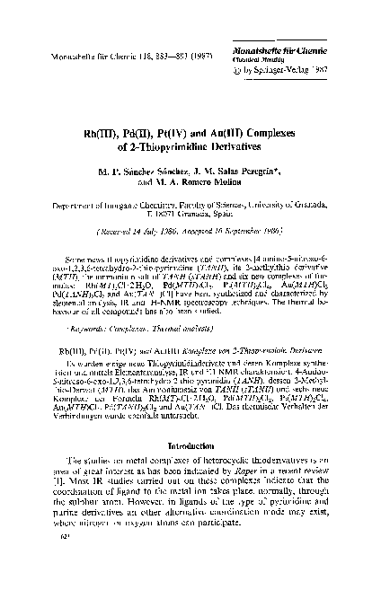 (PDF) Rh(III), Pd(II), Pt(IV) and Au(III) complexes of 2-thiopyrimidine ...