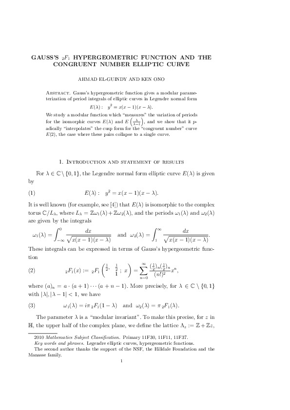 Pdf Gausss 2 F 1 Hypergeometric Function And The Congruent Number