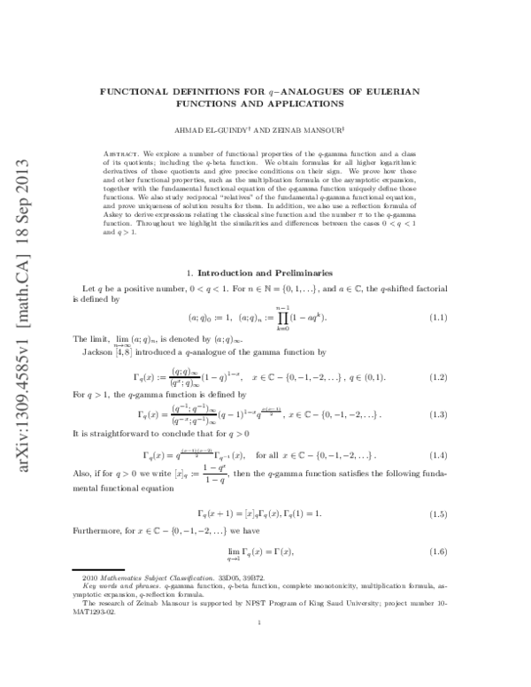 Pdf Functional Definitions For Q Analogues Of Eulerian Functions And
