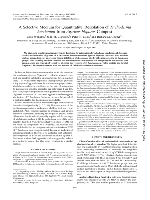 (PDF) A Selective Medium for Quantitative Reisolation of Trichoderma harzianum from Agaricus ...