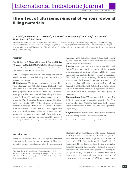 (PDF) The effect of ultrasonic removal of various root-end filling ...