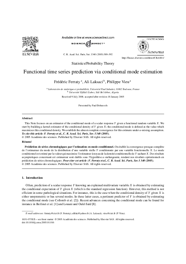 (PDF) Functional time series prediction via conditional mode estimation