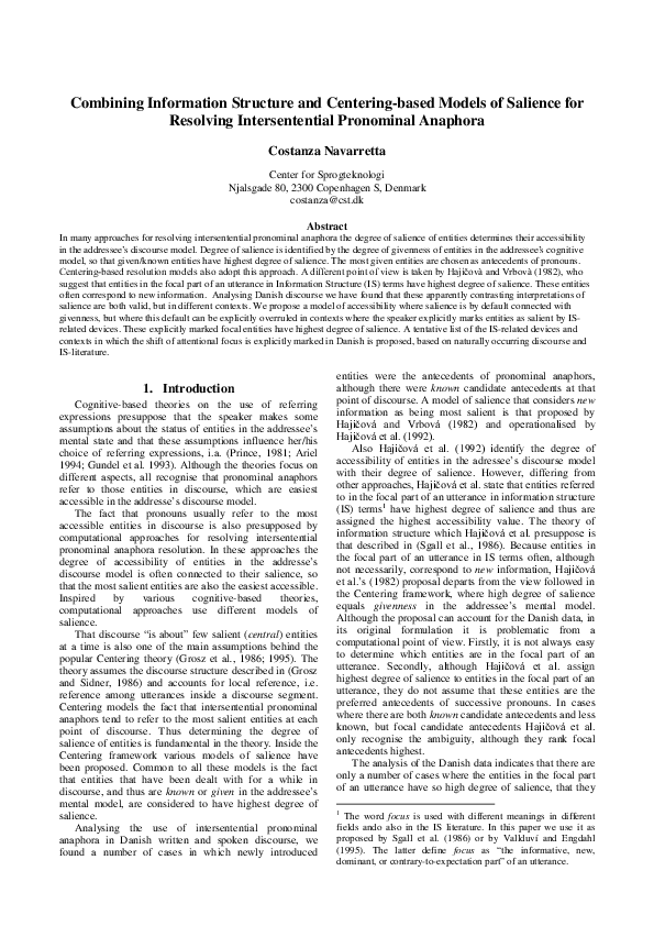 (PDF) Resolving Anaphora with Salience and IS Models