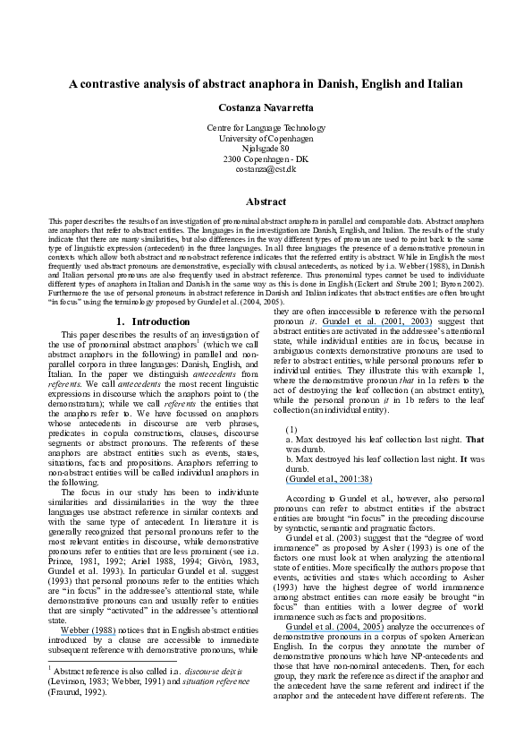 Pdf A Contrastive Analysis Of Abstract Anaphora In Danish English And Italian Costanza