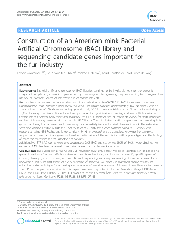 Construction of an American mink Bacterial Artificial Chromosome (BAC) library and sequencing ...