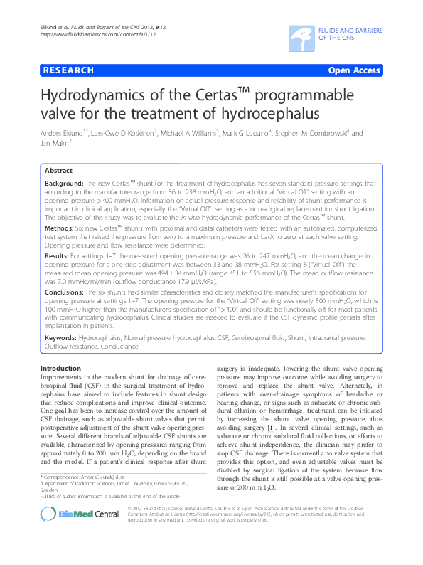 (PDF) Hydrodynamics of the Certas™ programmable valve for the treatment ...