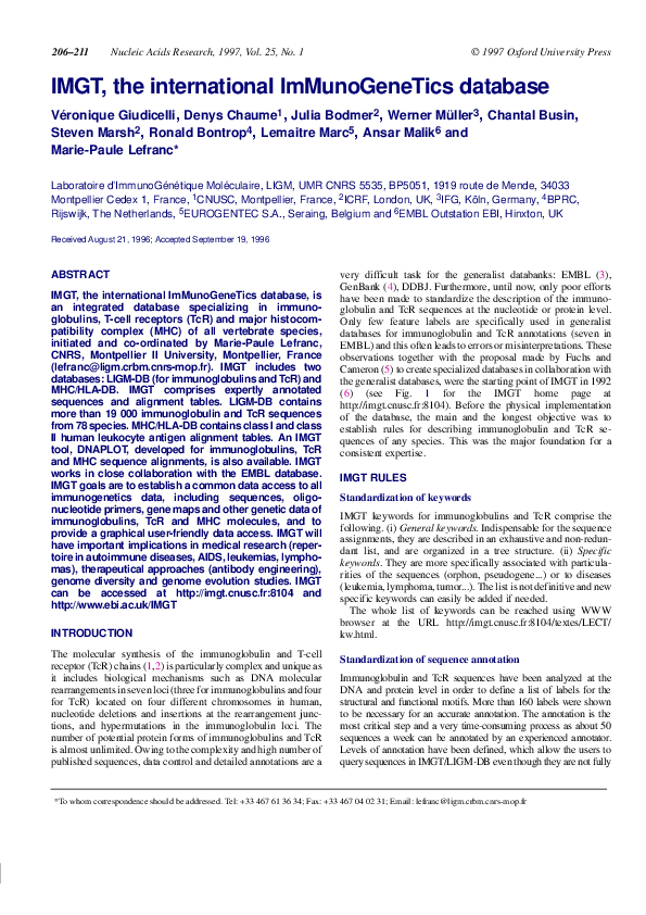 (PDF) IMGT, the international ImMunoGeneTics database