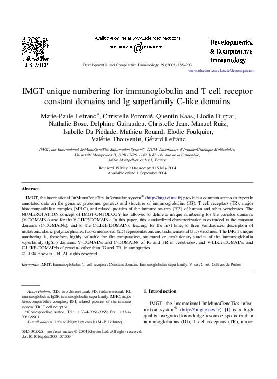 (PDF) IMGT unique numbering for immunoglobulin and T cell receptor variable domains and Ig ...