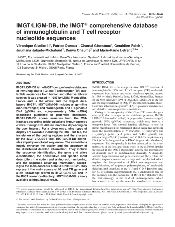 (PDF) IMGT/LIGM-DB, the IMGT® comprehensive database of immunoglobulin and T cell receptor ...