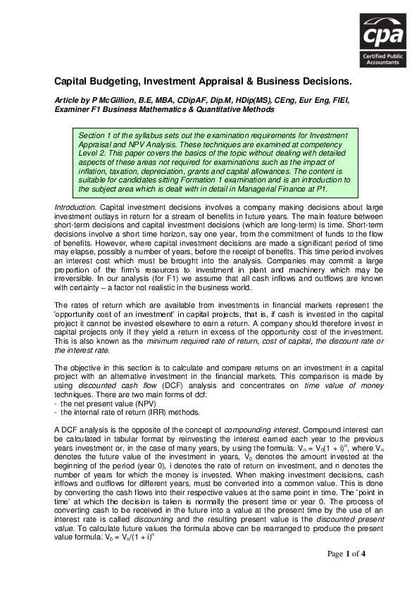 (PDF) Capital budgeting and investment appraisal