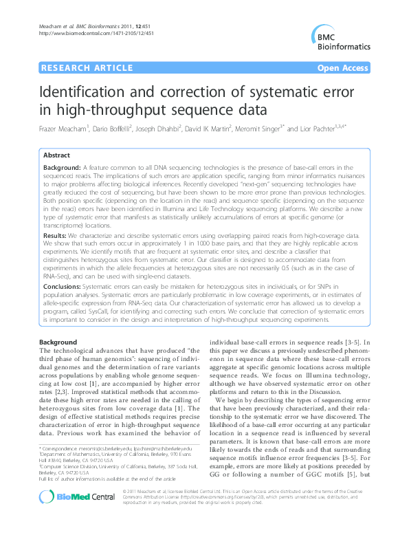 Pdf Identification And Correction Of Systematic Error In High Throughput Sequence Data
