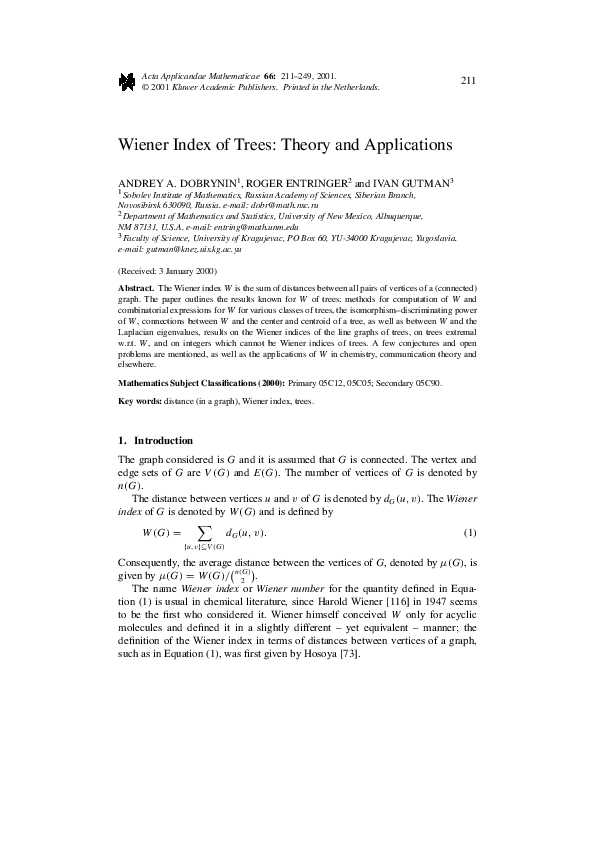 (PDF) Wiener Index of Trees: Theory and Applications