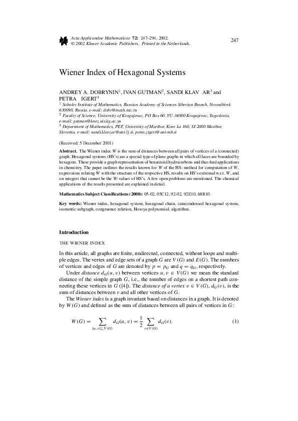 (PDF) Wiener Index of Hexagonal Systems