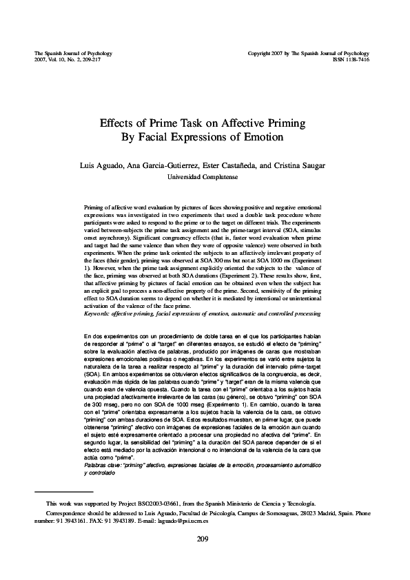 (PDF) Effects of Prime Task on Affective Priming By Facial Expressions of Emotion