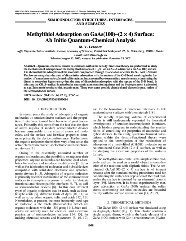 (PDF) Methylthiol adsorption on GaAs(100)-(2 × 4) surface: Ab initio ...