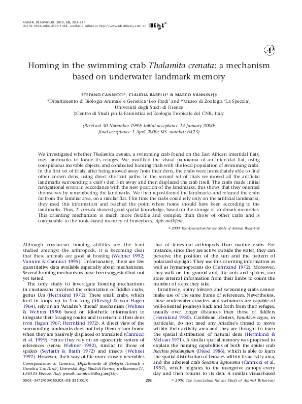 (PDF) Homing in the swimming crab Thalamita crenata: a mechanism based ...