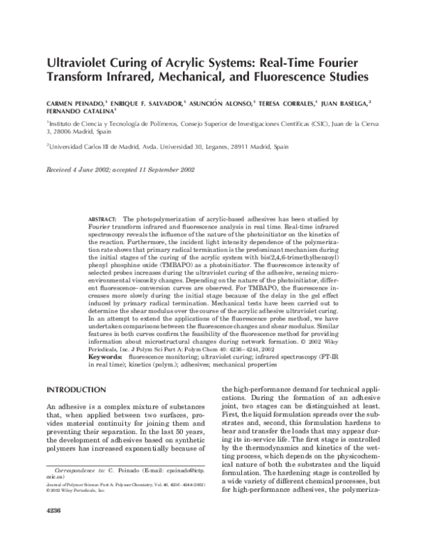 (PDF) Ultraviolet curing of acrylic systems: Real-time Fourier transform infrared, mechanical ...