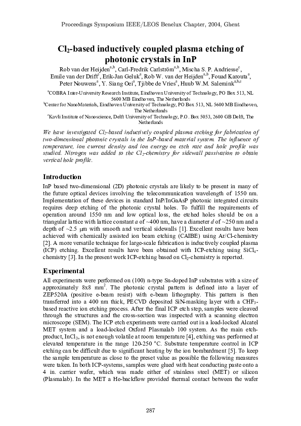 (PDF) Cl2/O2- and Cl2/N2-based inductively coupled plasma etching of photonic crystals in InP ...