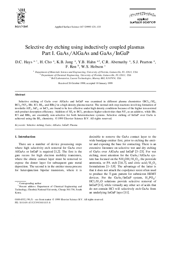 (PDF) Selective dry etching using inductively coupled plasmas