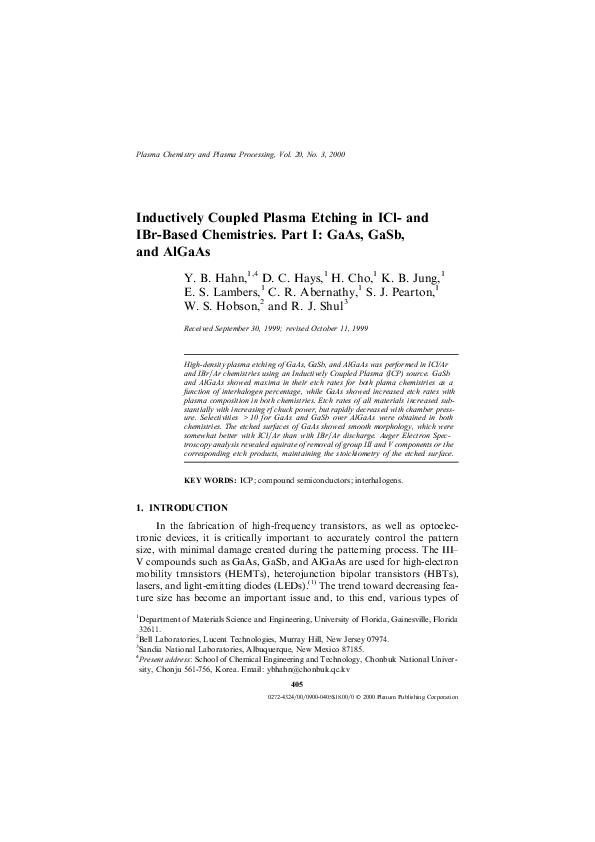 (PDF) Inductively Coupled Plasma Etching in ICl and IBr-Based Chemistries. Part I: GaAs, GaSb ...