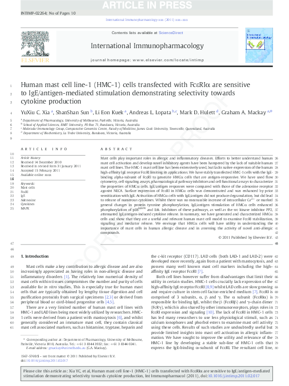 (PDF) Human mast cell line-1 (HMC-1) cells transfected with FcεRIα are ...