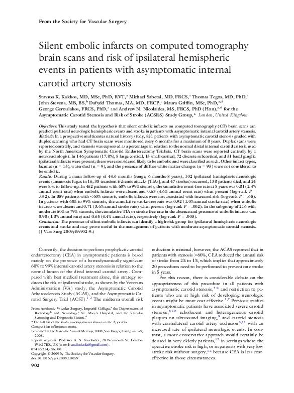 (PDF) Silent embolic infarcts on computed tomography brain scans and ...