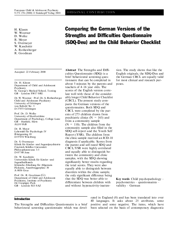 (PDF) Comparing the German Versions of the Strengths and Difficulties ...