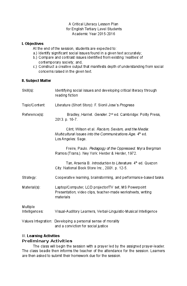 (DOC) Critical Literacy Lesson Plan on F. Sionil Jose's "Progress"