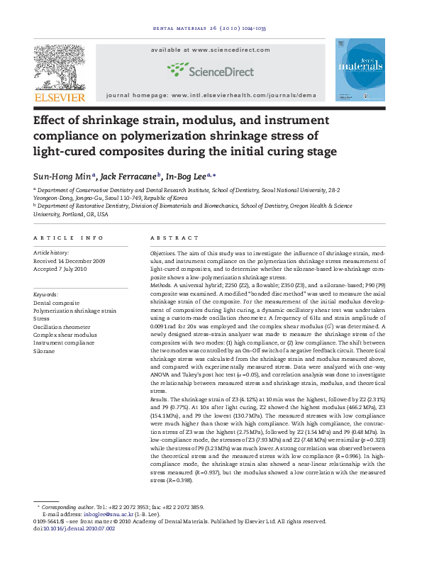 Pdf Effect Of Shrinkage Strain Modulus And Instrument Compliance On Polymerization Shrinkage