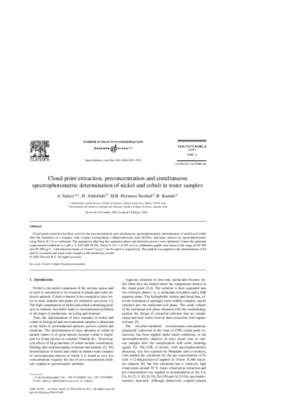 Pdf Cloud Point Extraction Preconcentration And Spectrophotometric Determination Of Trace