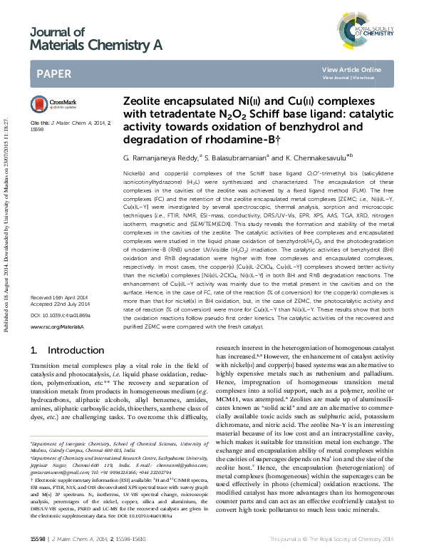 (PDF) Zeolite encapsulated Ni(II) and Cu(II) complexes with tetradentate N 2 O 2 Schiff base ...