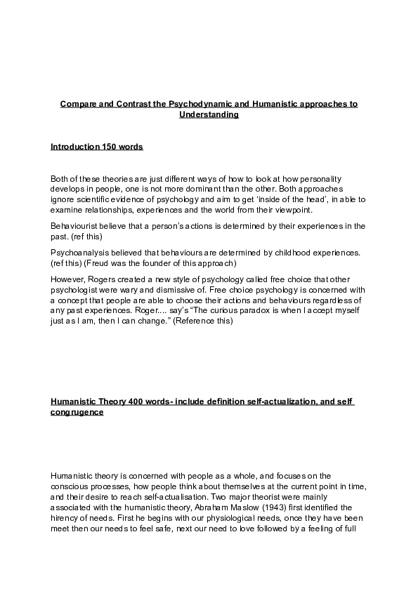 (DOC) Compare and Contrast the Psychodynamic and Humanistic approaches ...