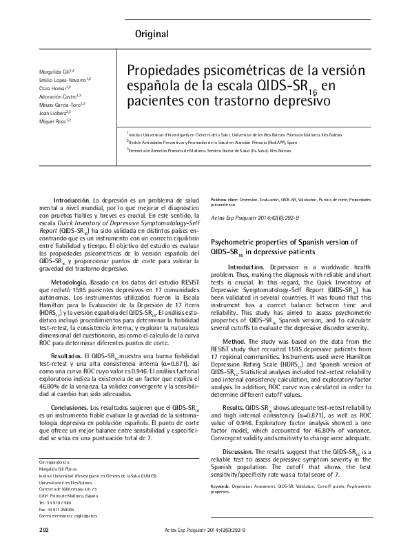 (PDF) Psychometric properties of Spanish version of QIDS-SR16 in ...