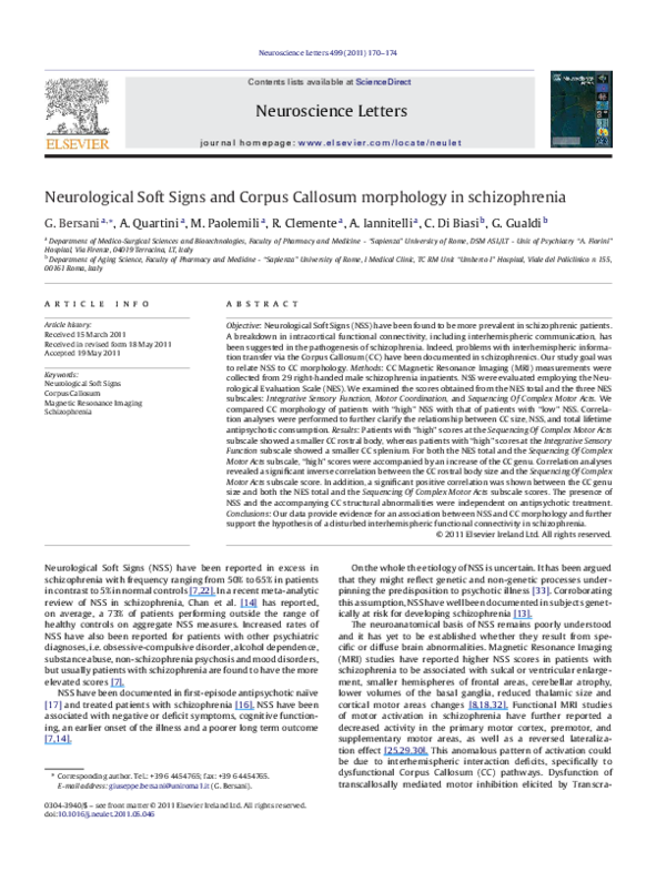 (PDF) Neurological Soft Signs and Corpus Callosum morphology in ...