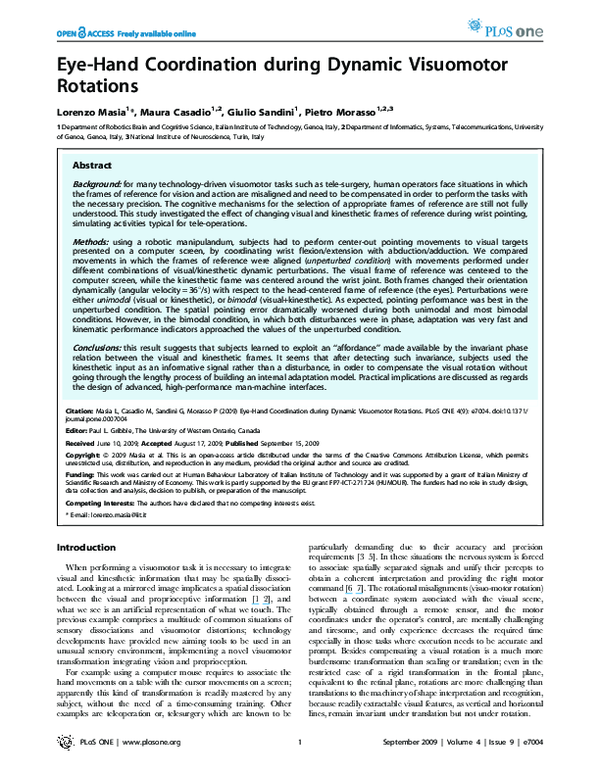 (PDF) Eye–hand coordination during dynamic visuomotor rotation